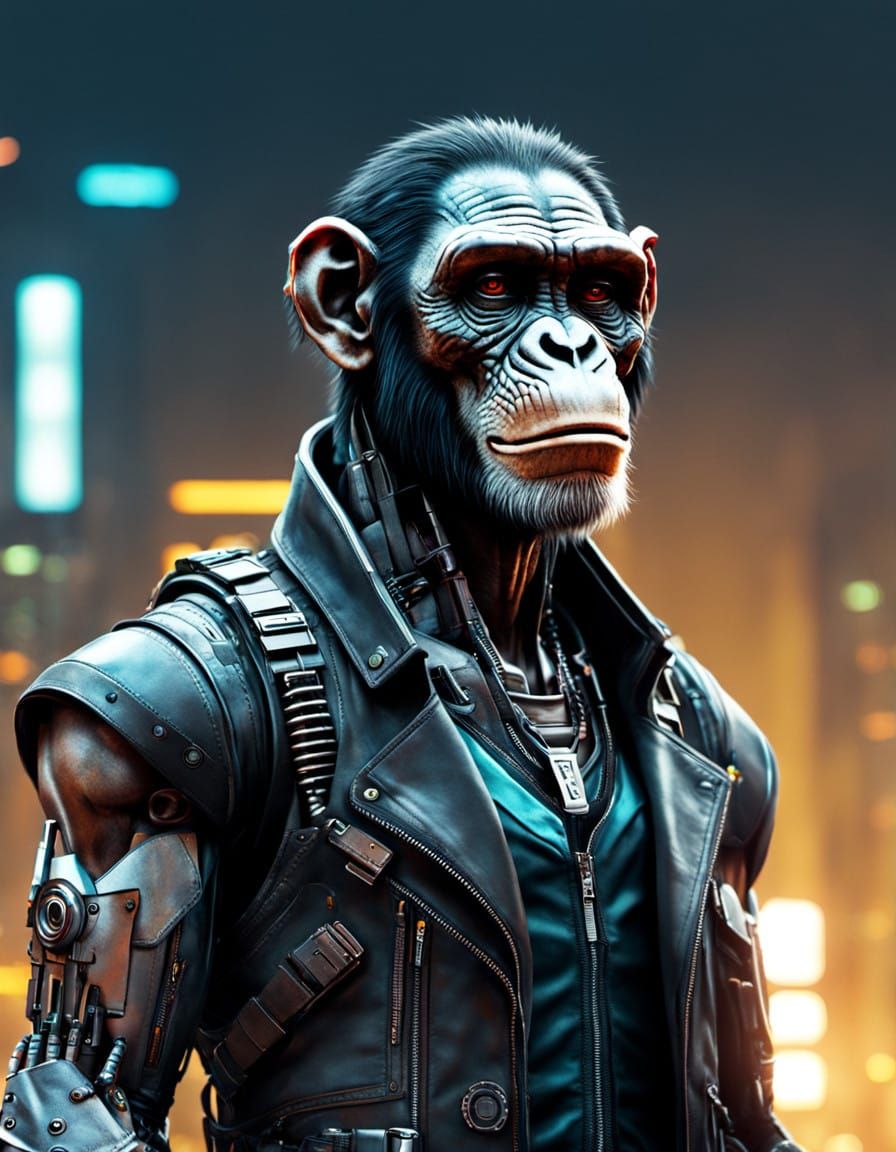 Cyberpunk Chimpanzee with Visible Implants and Cyb... - AI Art