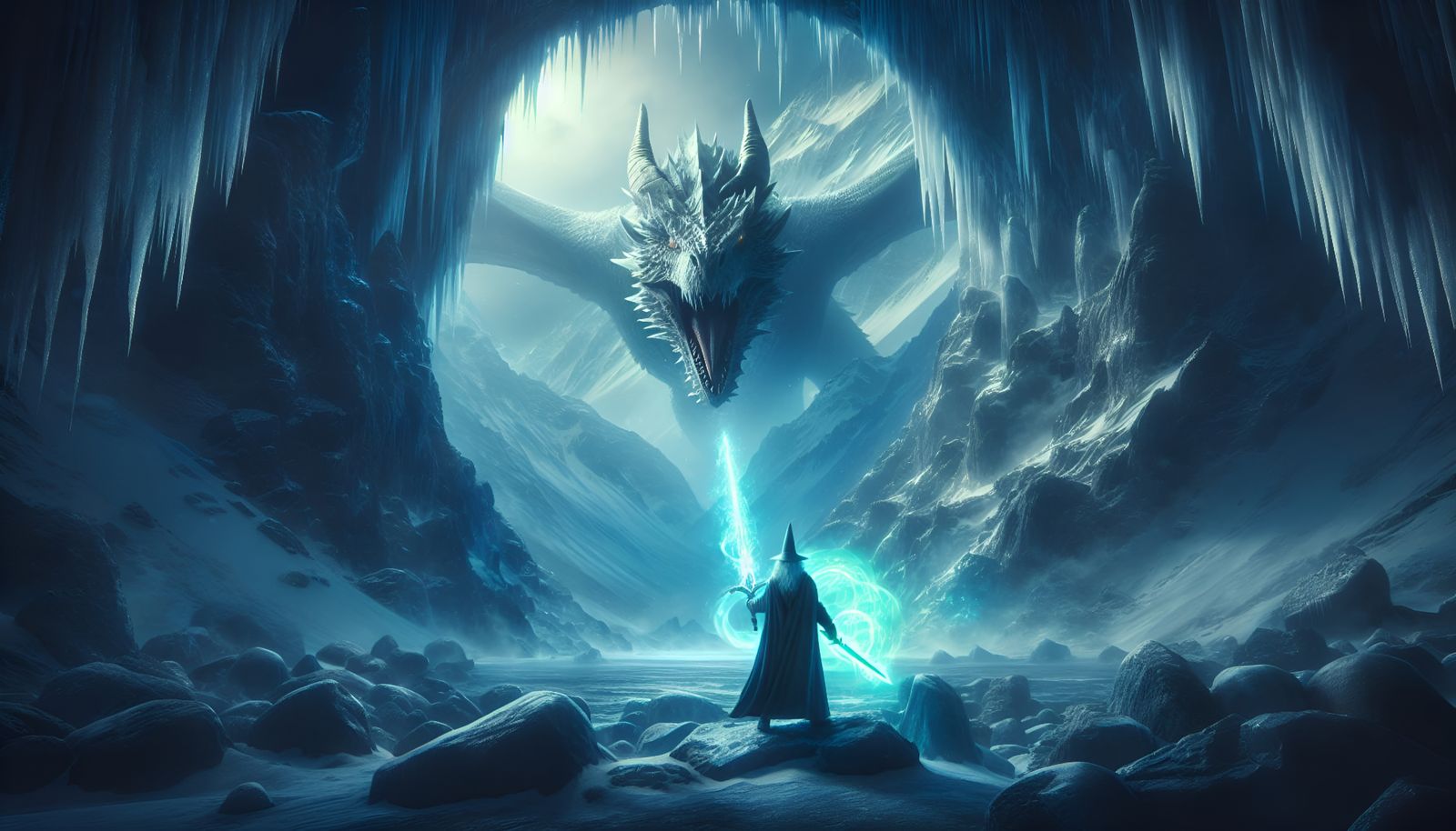 photorealistic, large angry ice dragon roaring at at a wizard who is ...