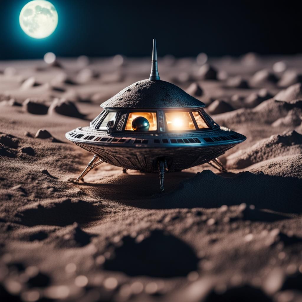 Maximalism, glowing miniature alien spaceship with alien in it on the ...