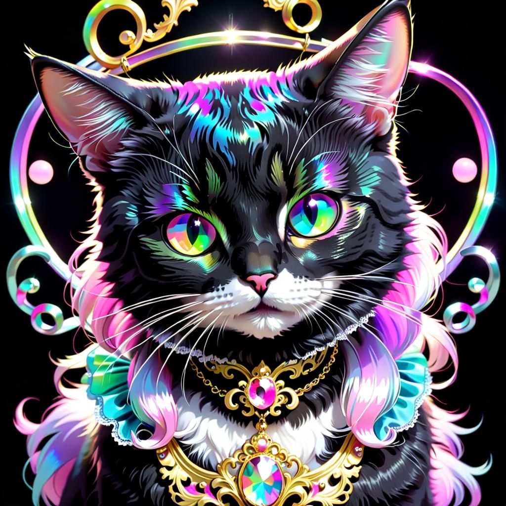 a cat, kawaii, colorful, rococo, horrorcore, metallic, iridescent - AI ...