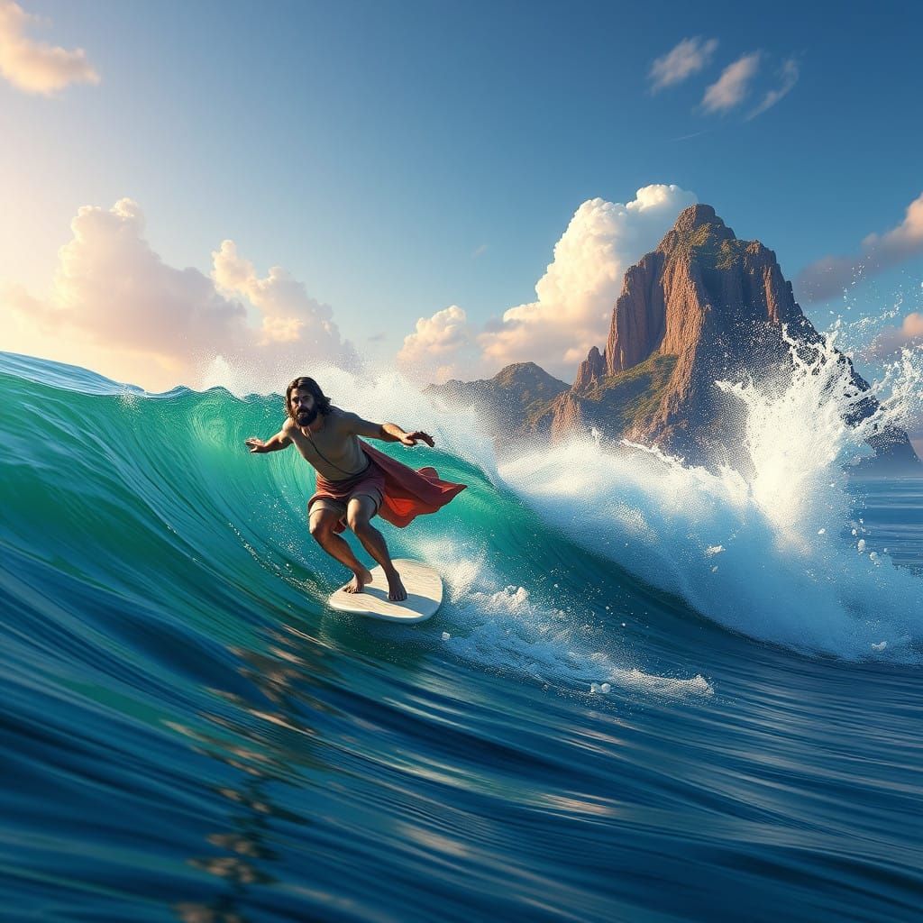 Jesus Surfs a Fantastical Wave near Island Paradis... - AI Art