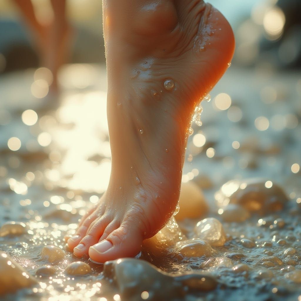 A close-up, ethereal shot of human feet in motion, captured with a ...