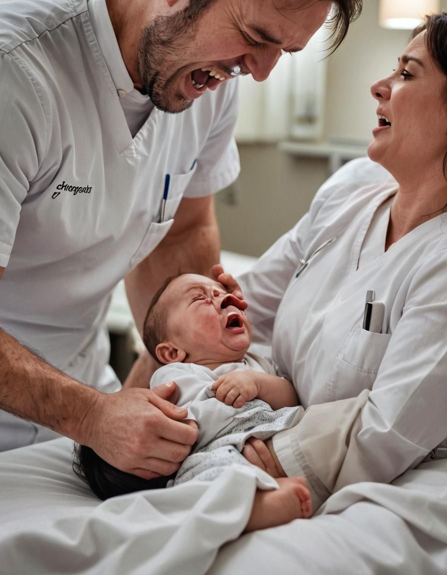 Toddler crying in the arms of a nurse as father dies in a hospital bed ...