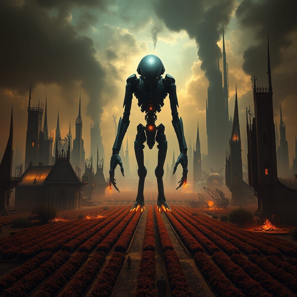 Gothic Alien Robot Farm in a Dystopian Cityscape - AI Art