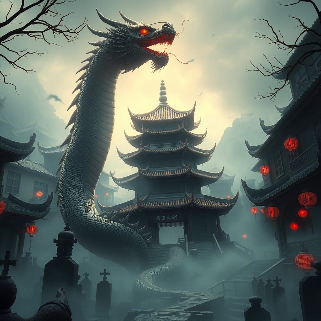 Majestic Chinese Dragon Coils Around Pagoda in Fog... - AI Art