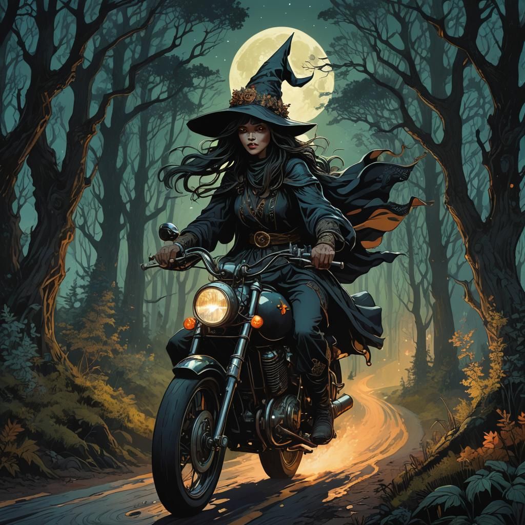 Witch riding a motorbike - AI Generated Artwork - NightCafe Creator