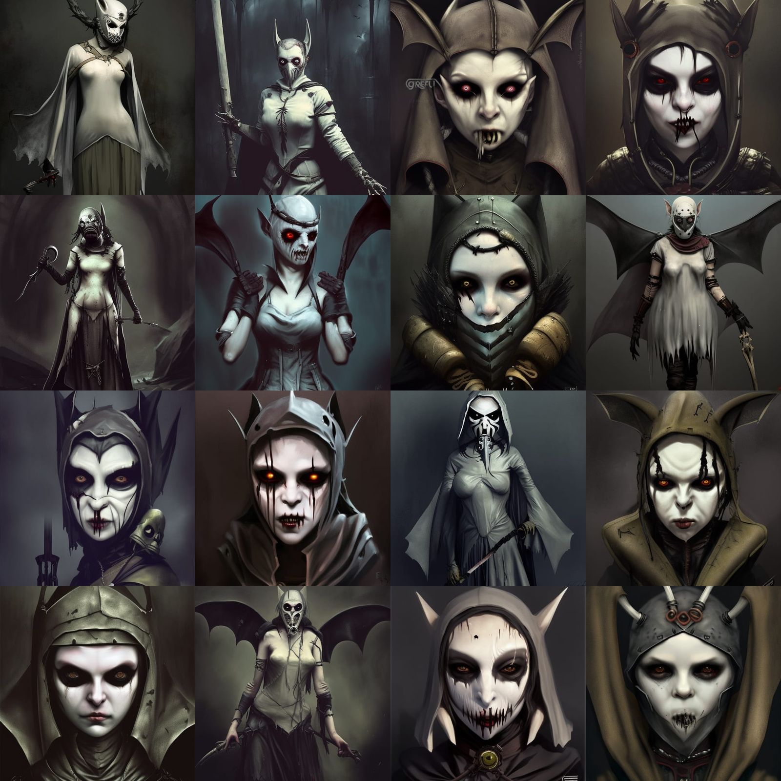 creepy ugly ancient slavic female vampire, pale bat, anti-gas mask ...