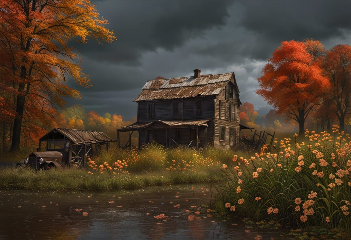 photo; "Pomeroy, Ohio", post apocalyptic; rainy autumn landscape, rural ...