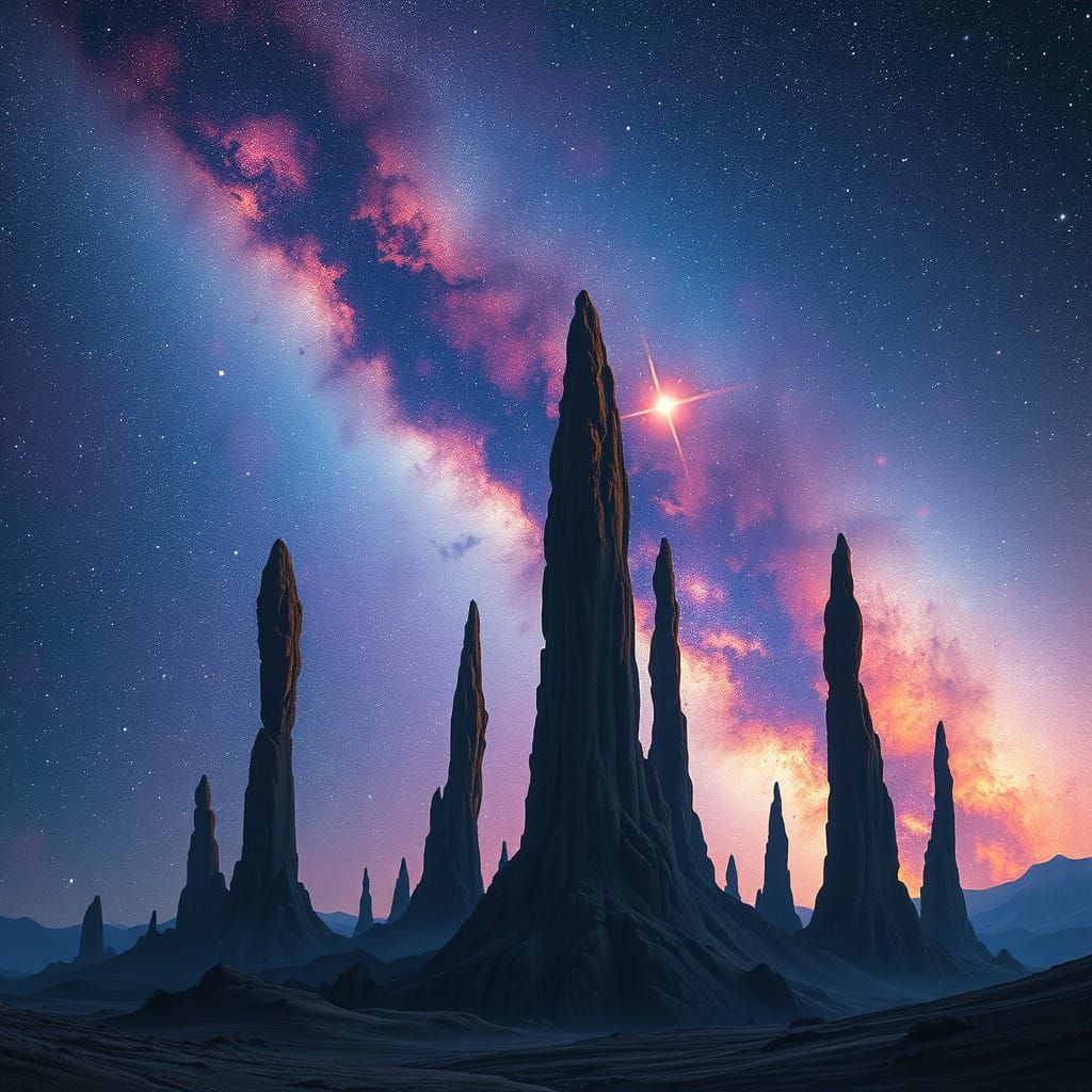 Cosmic Pillars Shine in Ethereal Starry Sky - AI Art