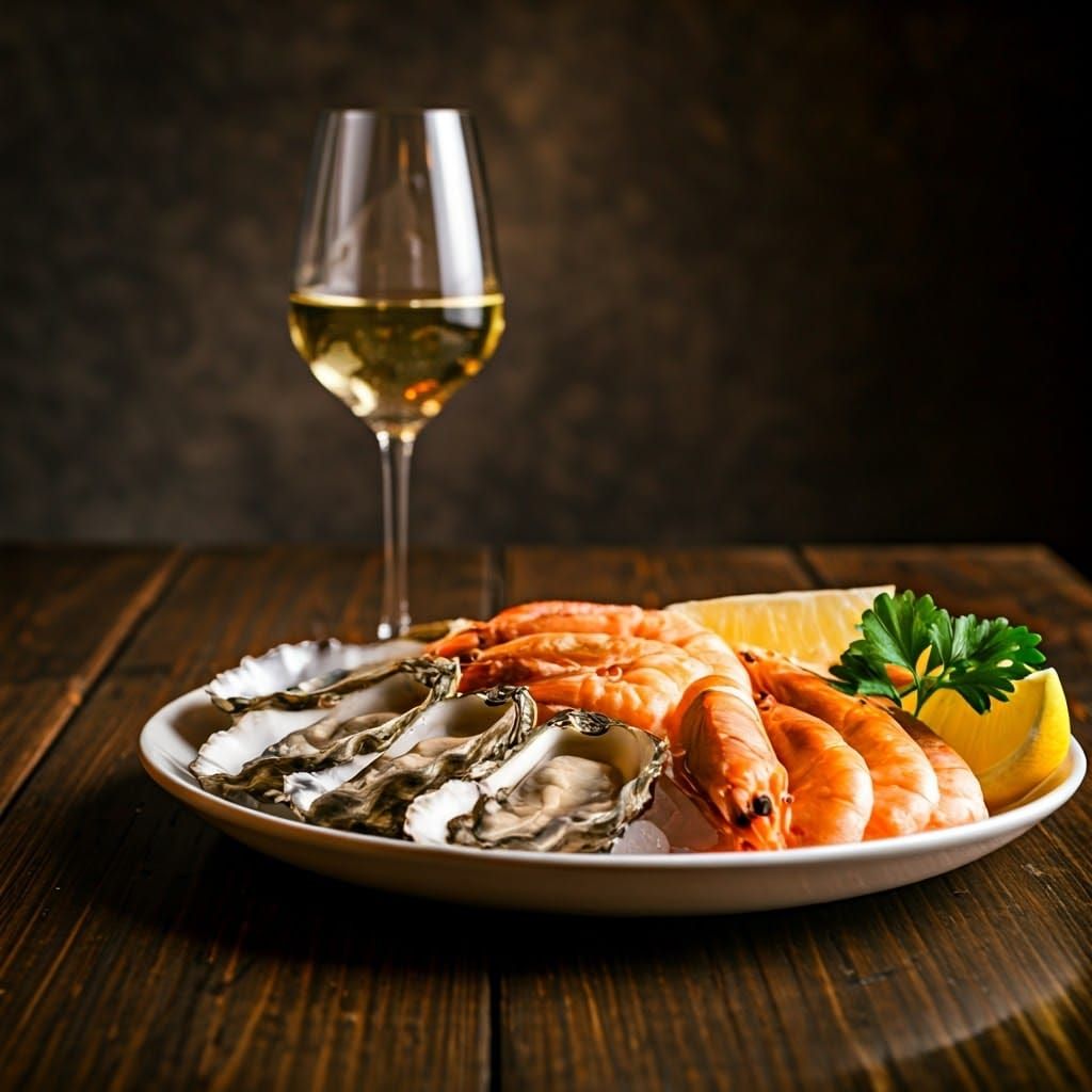 Warmly Lit Seafood Platter on Worn Wooden Table - AI Art