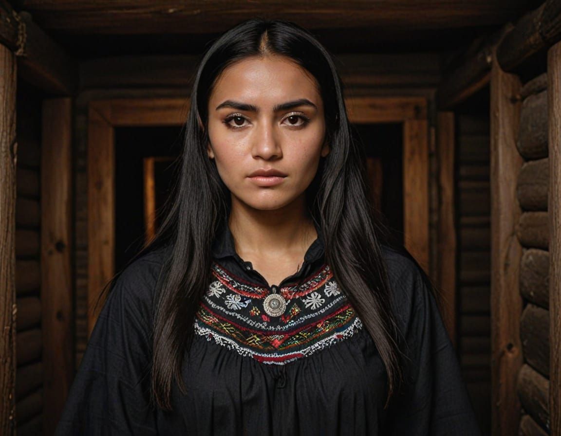 Young mexican native mixed female, in dark native outfit, long black ...