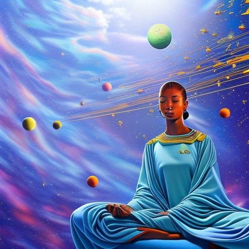 "Deep in meditation, an esoteric being envisions the planets from space ...