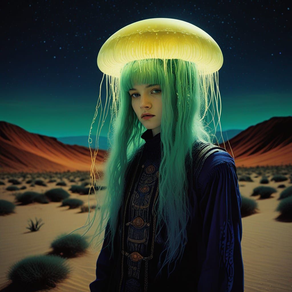 Gothic Bioluminescent Jellyfish Portrait in Radian... - AI Art