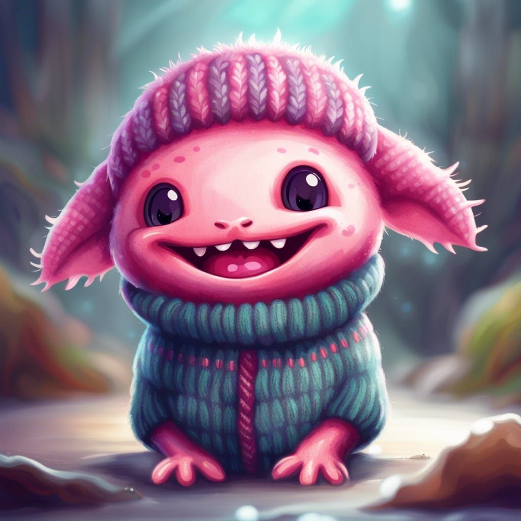 An cute happy friendly Axolotl monster, large eyes and goofy smile ...