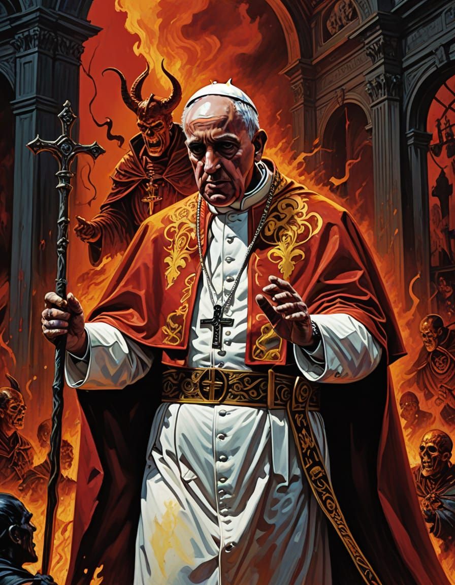 Golden Pope Battles Fiery Forces in a Pulp-Inspire... - AI Art