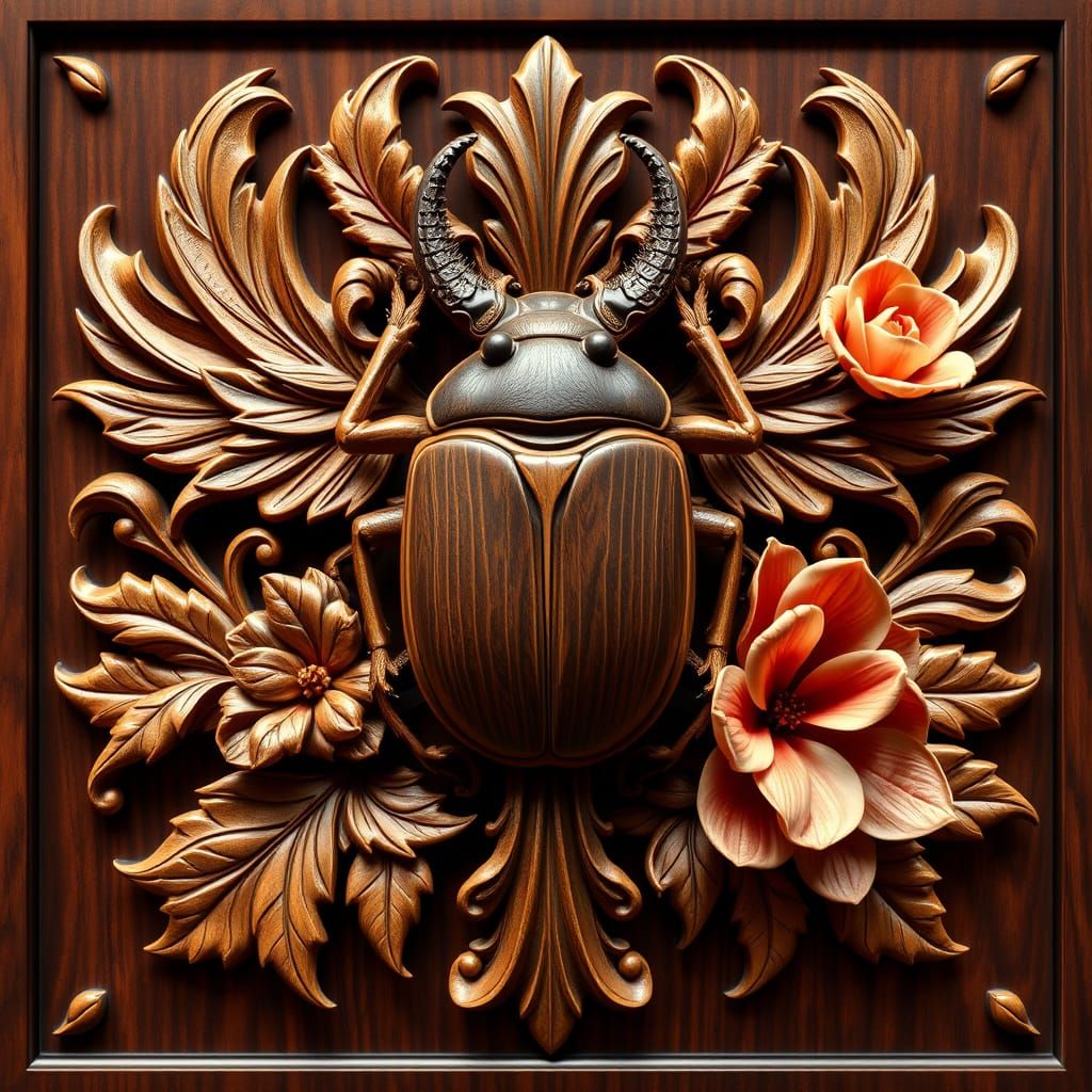 A hyper-realistic wood carving of a central Egyptian scarab beetle ...