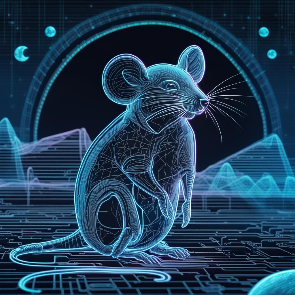 Hologram of neon mouse on translucent moon surface in a dark background ...