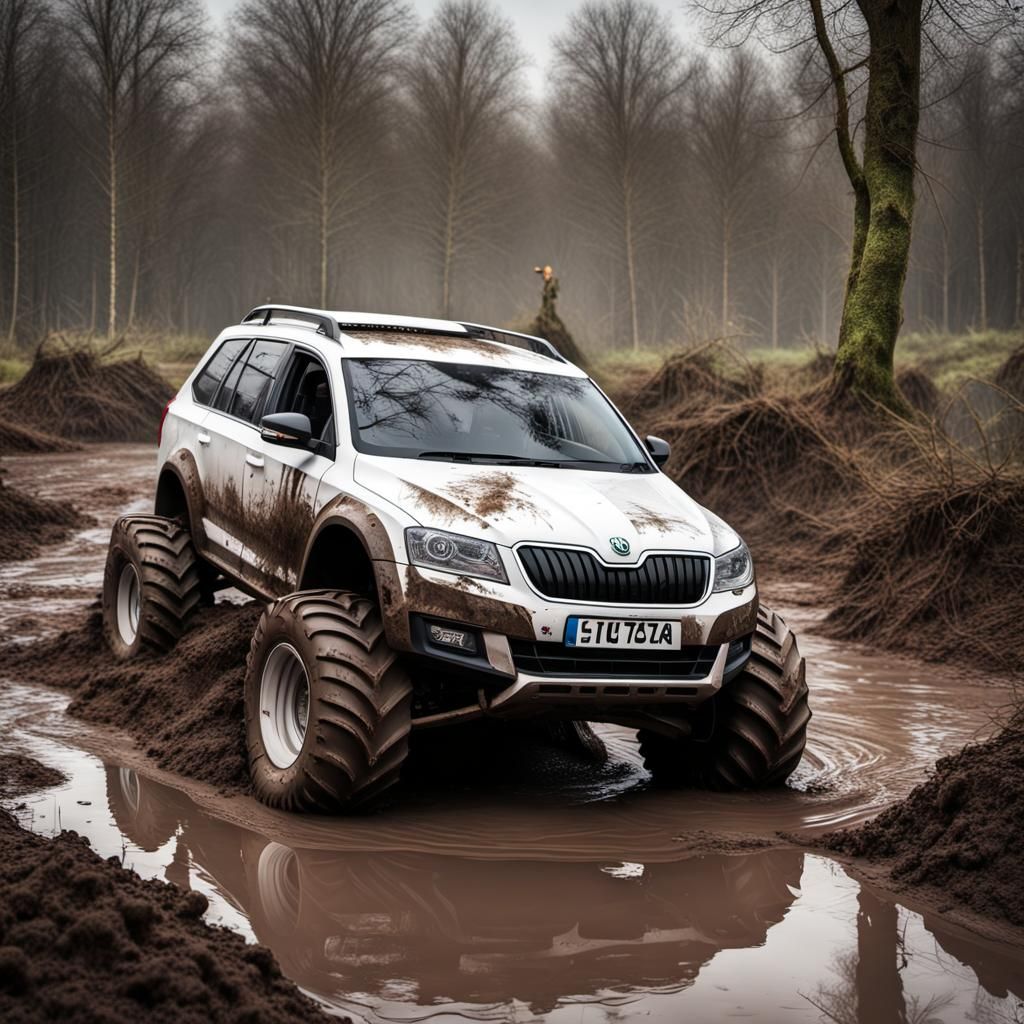 White Skoda Octavia mk3 monster truck mud swamp - AI Generated Artwork ...