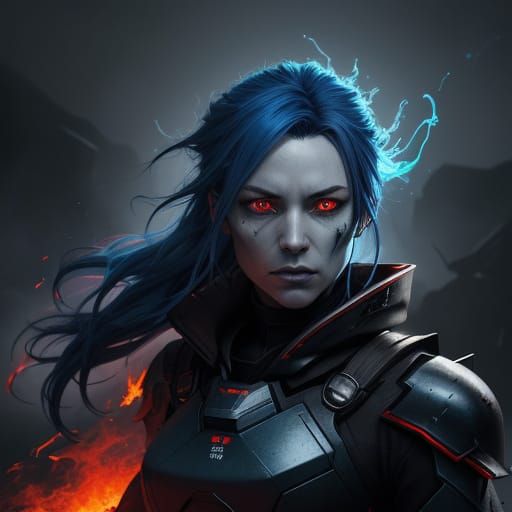 Cyberpunk Huntress with Blazing Blue Fire Hair - AI Art