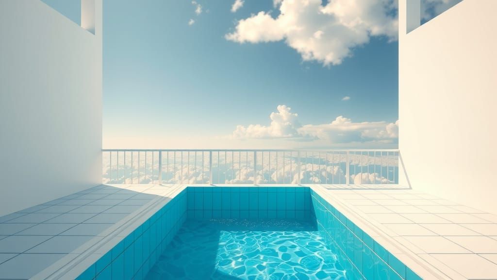 liminal space, pool of water, vaporwave, white tiled ceramic, blue sky ...