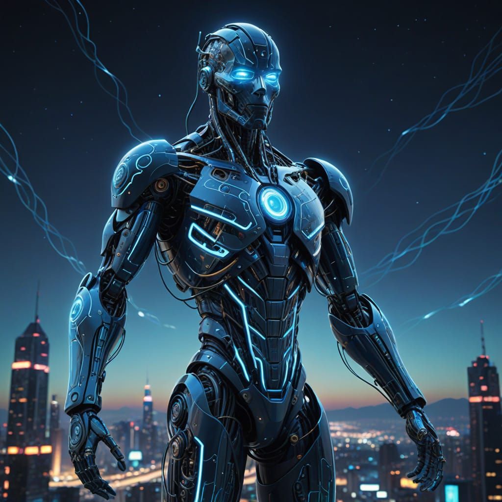 Cybernetic Humanoid Radiates Futuristic Aura in Da... - AI Art