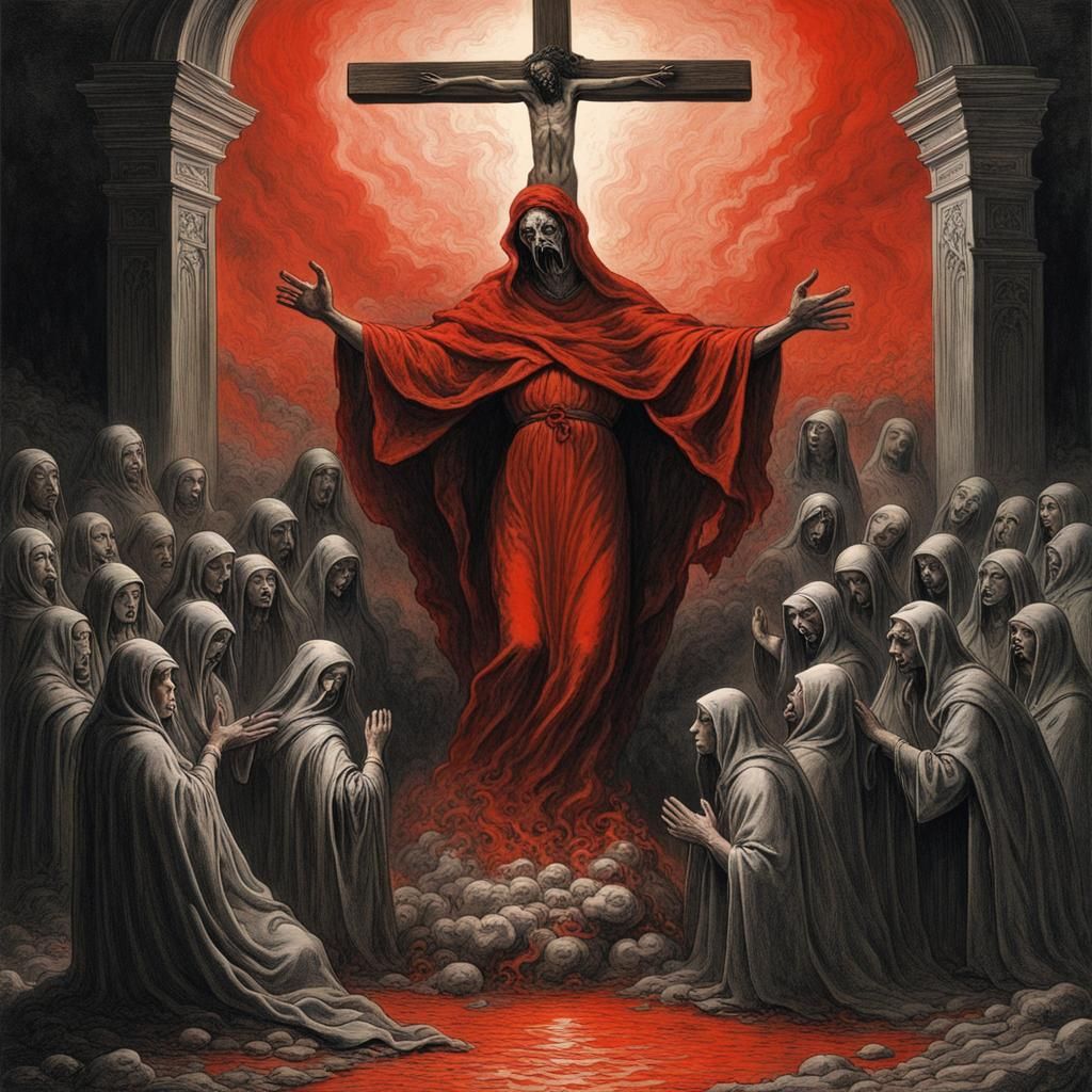 A demon breaks the crucifix in hell, surrounded by nuns praying ...