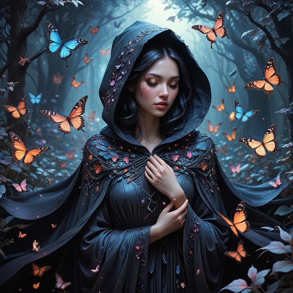 Mystical Fairy Raven in Elegant Hooded Cloak - AI Art