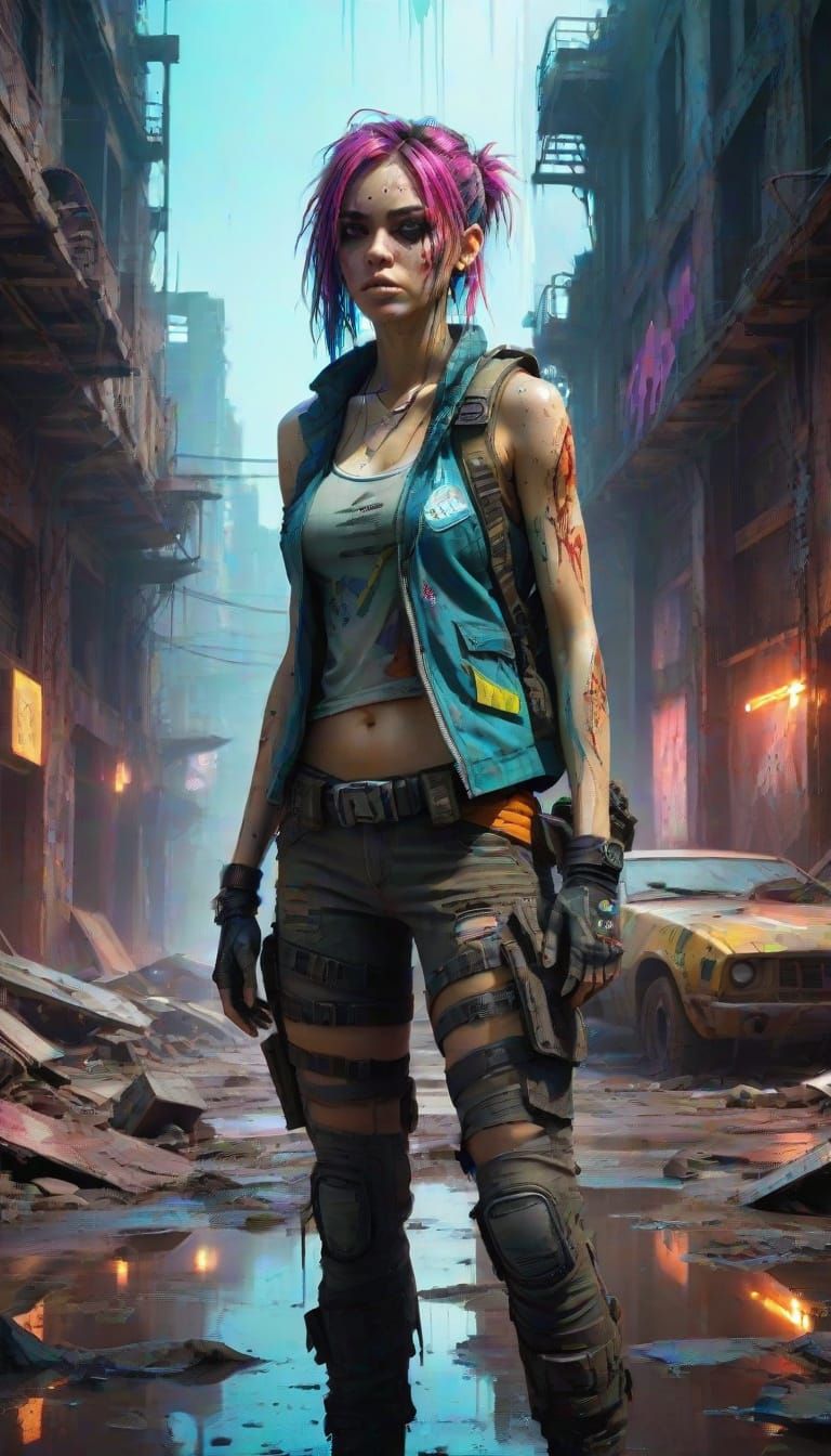 Young woman in tank-girl style outfit, standing amidst ruins, in an ...