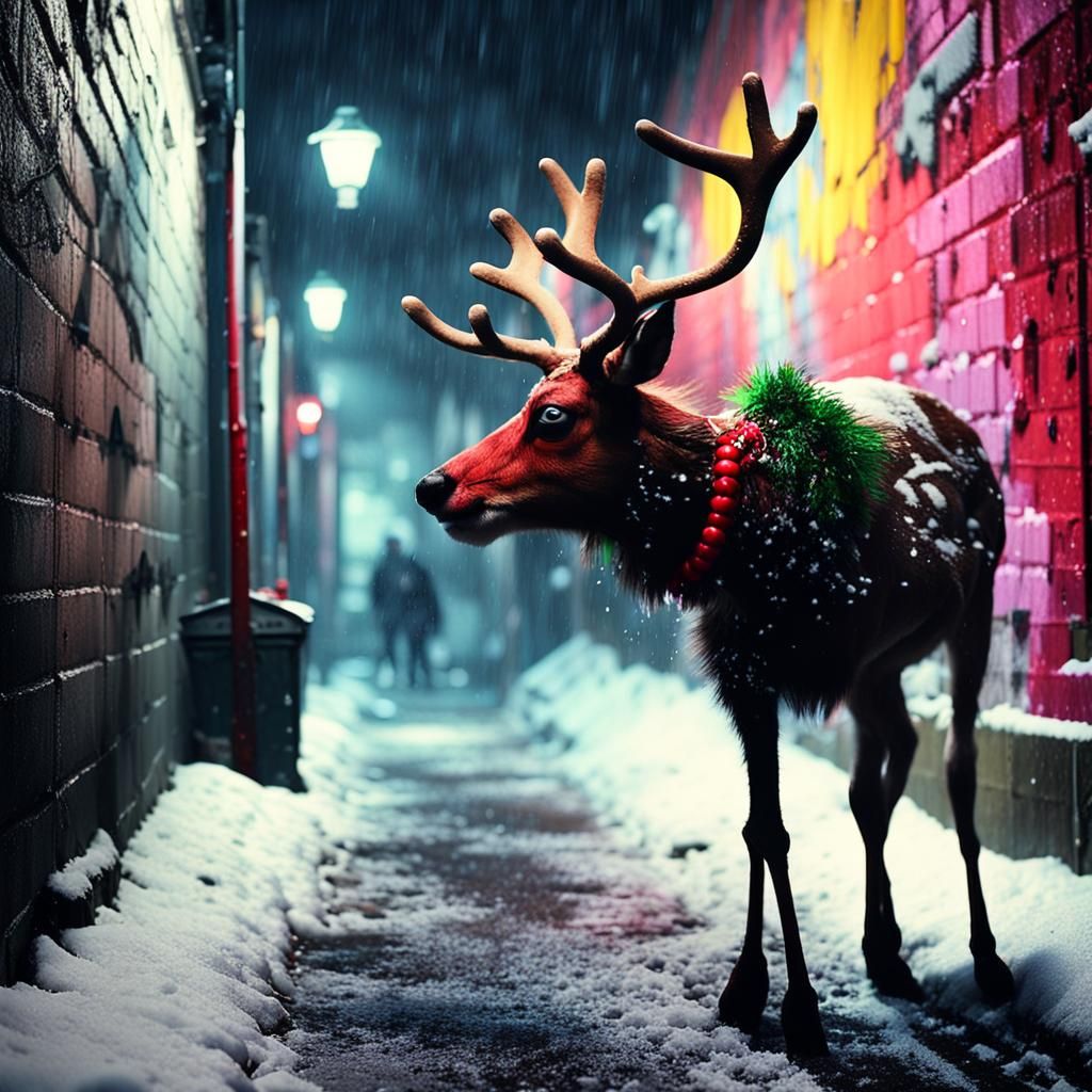 Rebel Reindeer in a Neon Rainstorm - AI Art