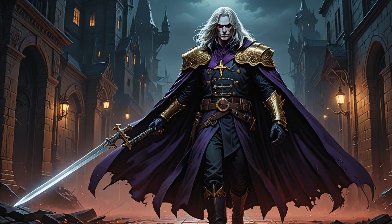 show full body Alucard vampire flying white hair glowing blue eyes aura ...