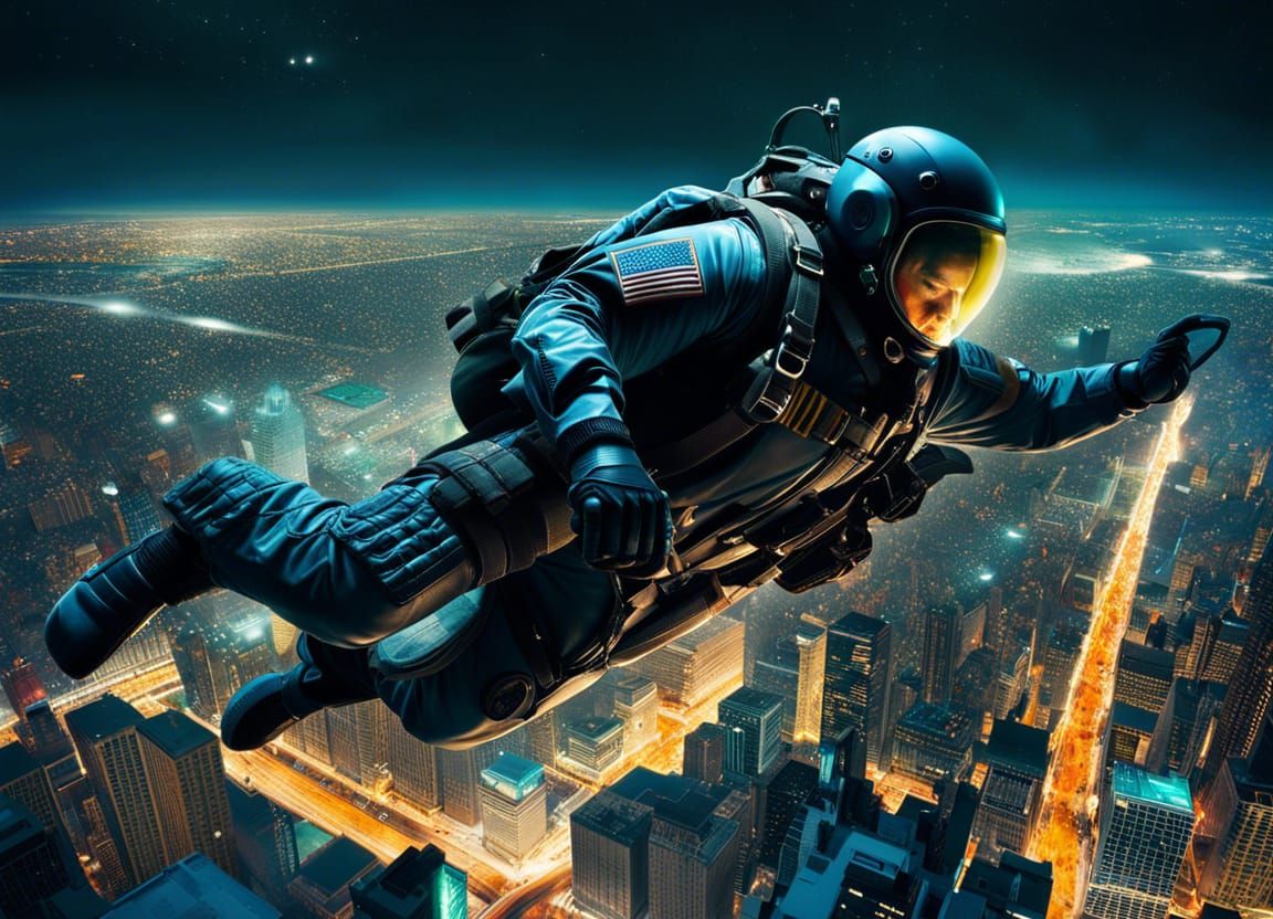 Special Force skydive towards city nightscape - AI Generated Artwork - NightCafe Creator