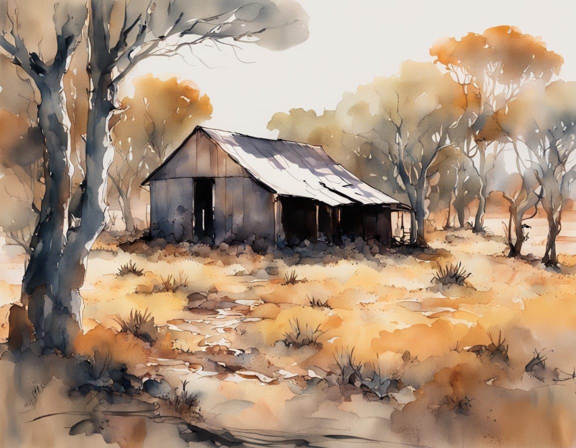 Weathered Australian Shearing Shed in the Golden O... - AI Art