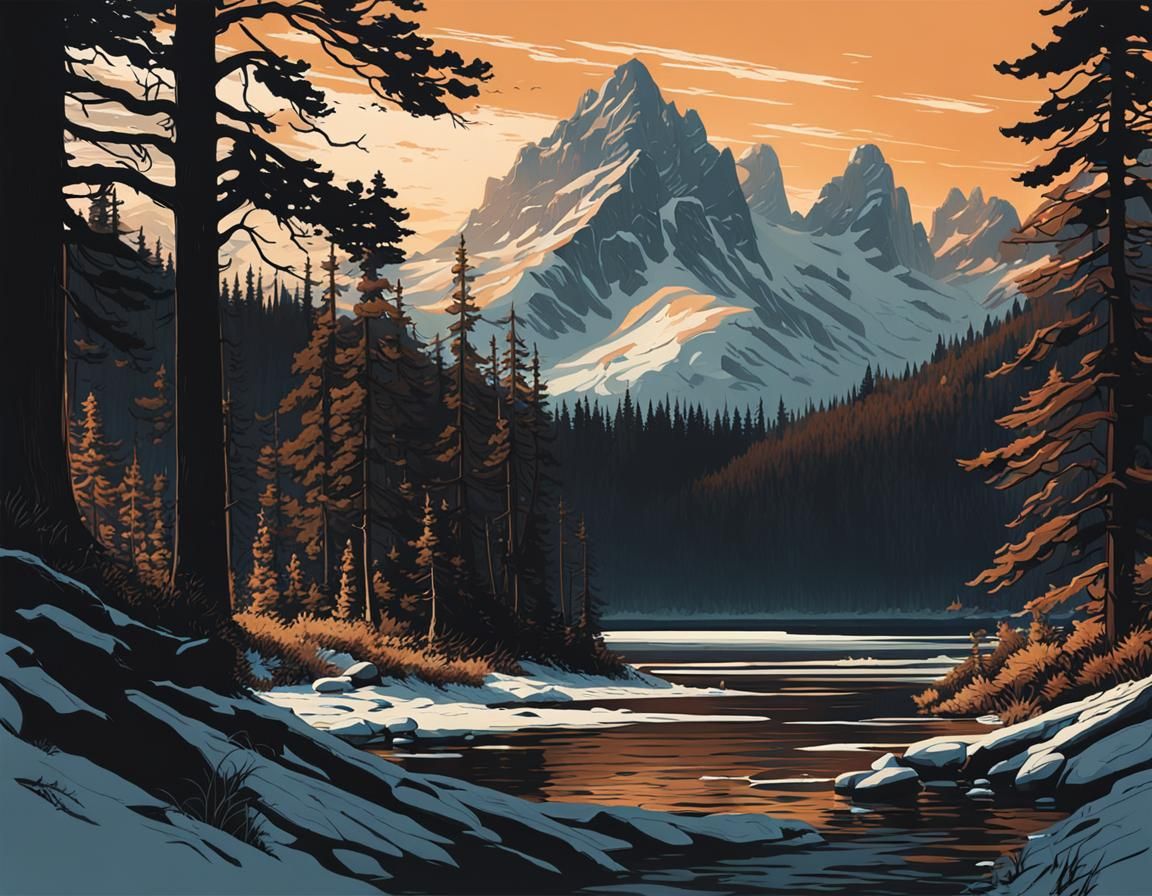 Line art of the Canadian wilderness matte painting, deep color, dark ...