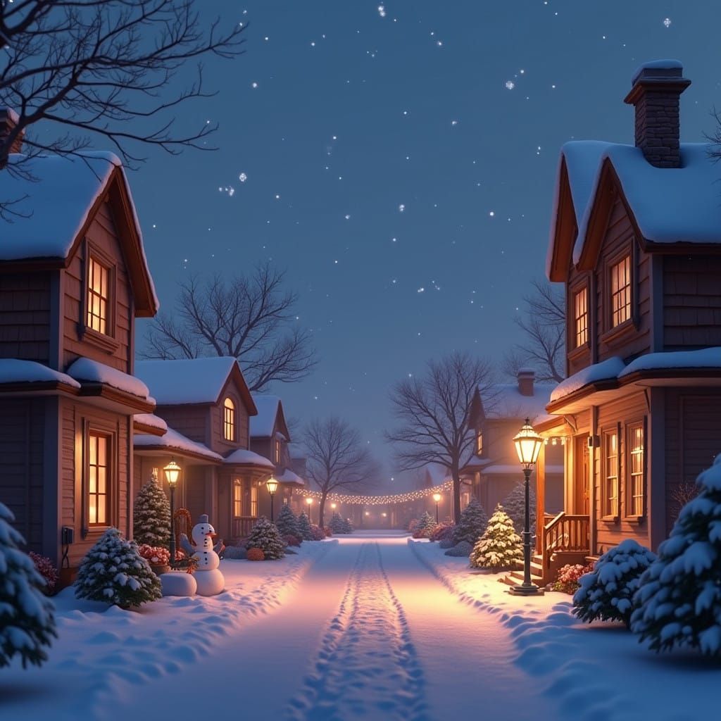 Christmas Eve Snowy Neighborhood in Whimsical Disn... - AI Art