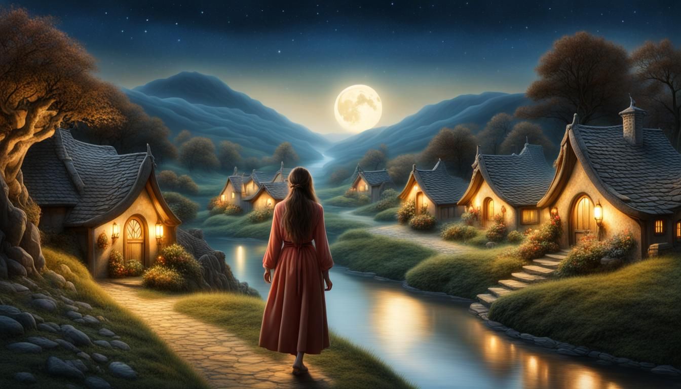 Beautiful portrait of woman walking in Miniature fantasy hobbit village ...