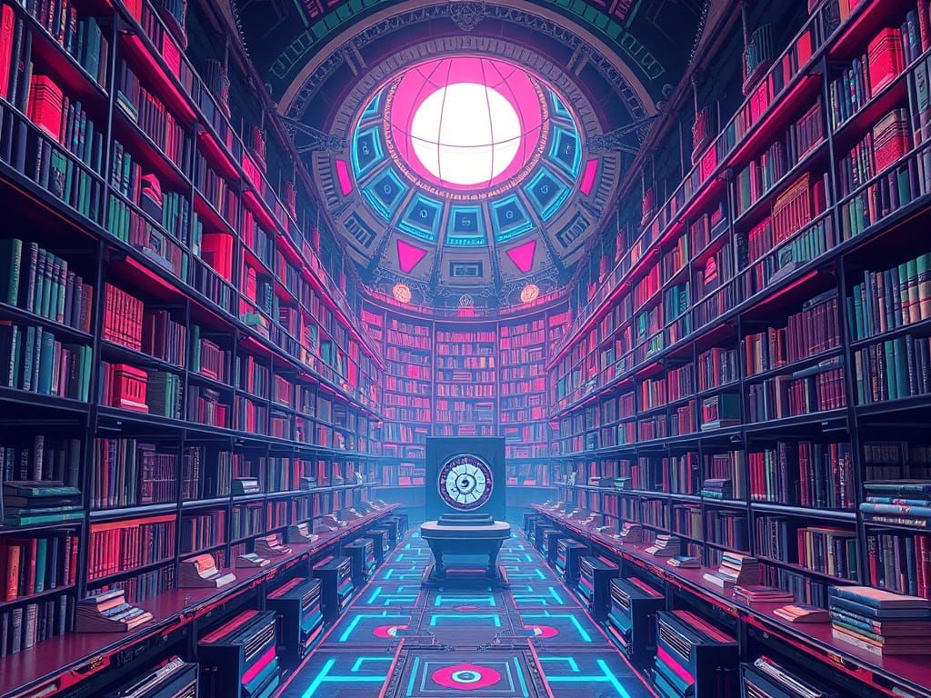 Futuristic Decopunk Library in Infinite Loop - AI Art