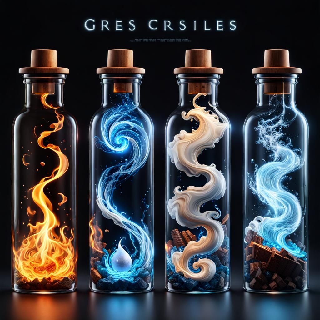 The form of Fire, water, wind, earth inside separate bottles, each ...