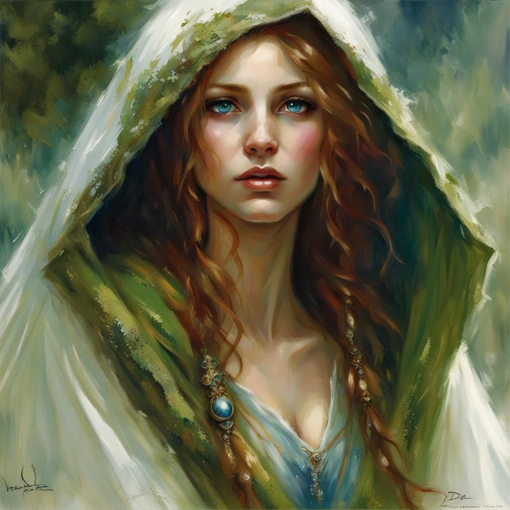 druid princess blue eyes chestnut hair intricate ornate flowing moss ...
