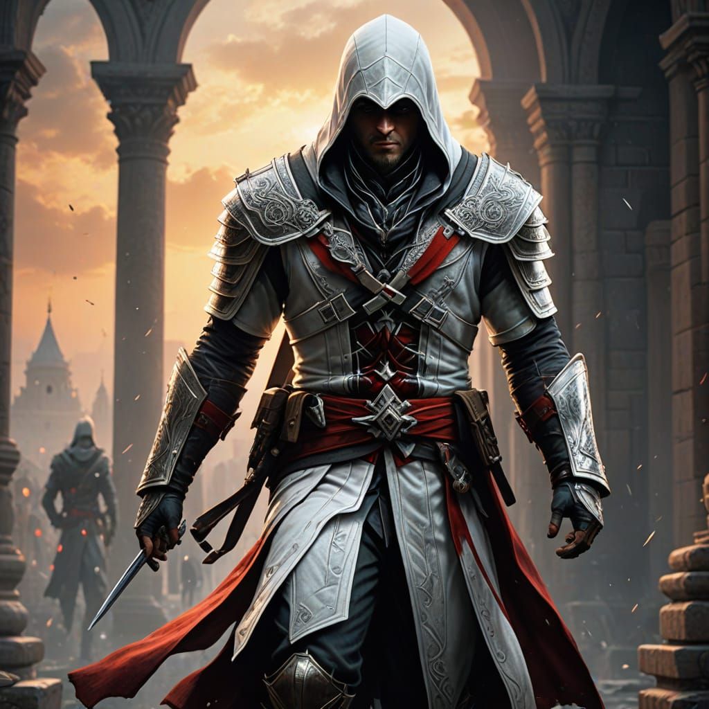 Altaïr-Inspired Assassin in White and Red Attire - AI Art