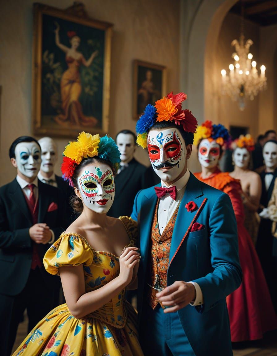 A ball where masks hide distorted faces and extravagant costumes ...