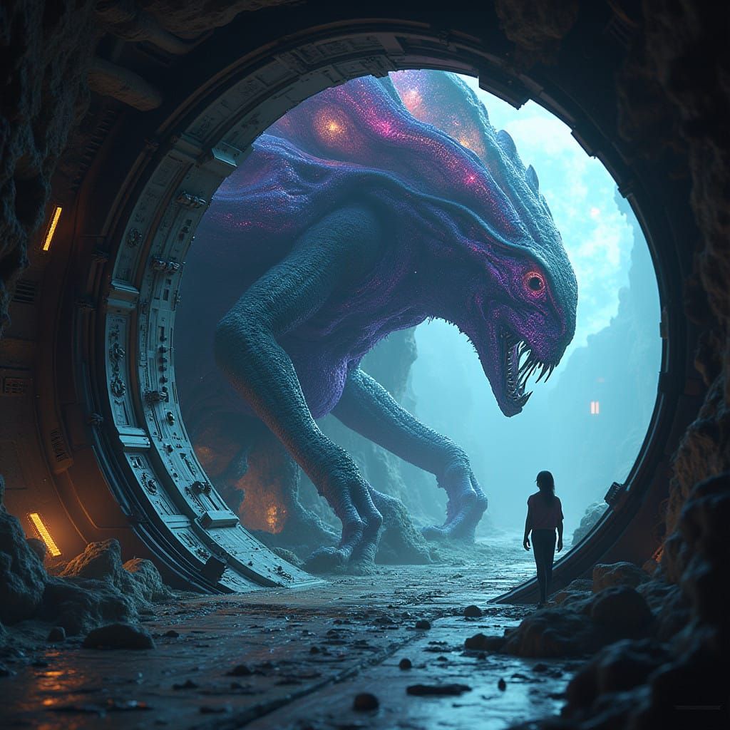 First contact scene with alien civilization