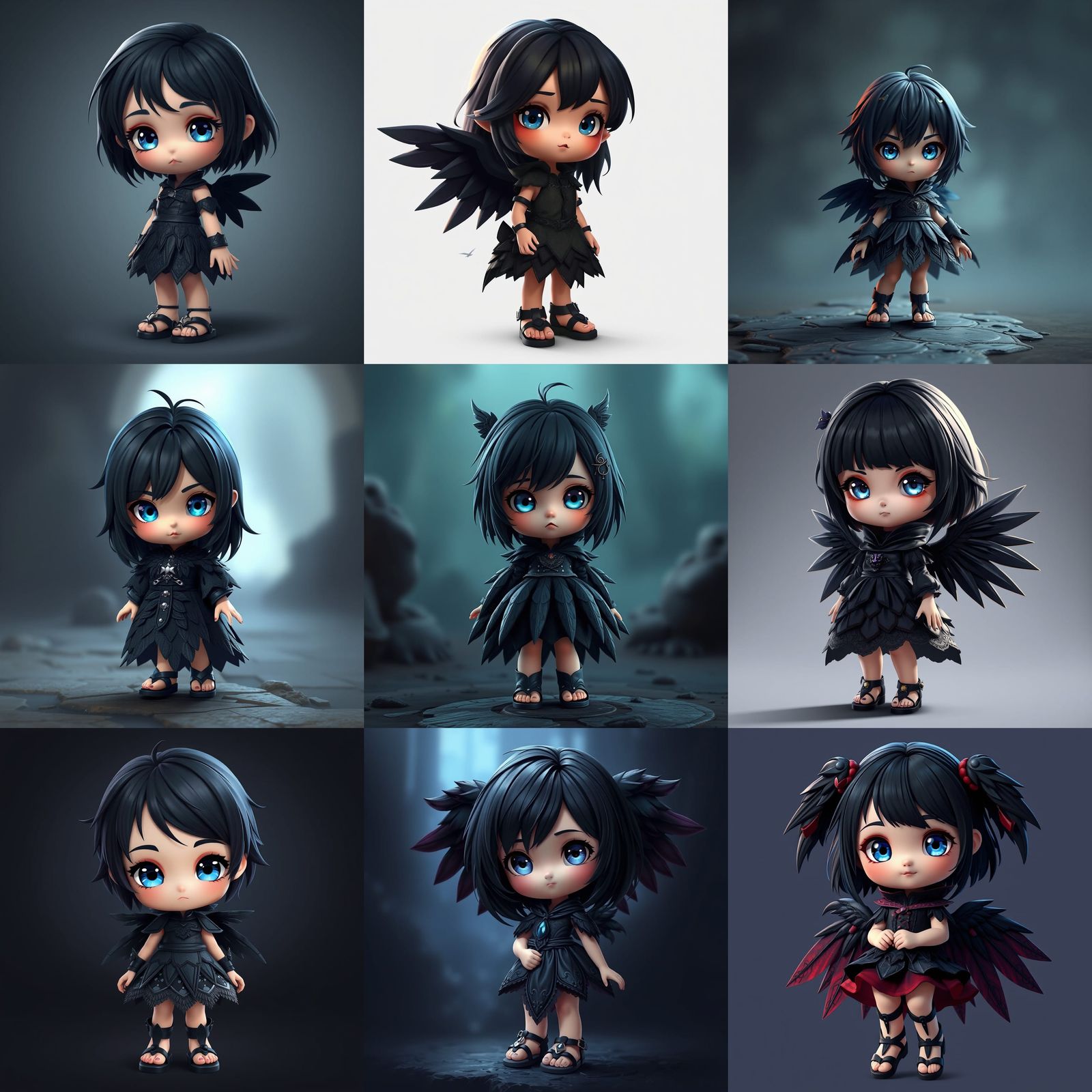Realistic Chibi-style little girl with dark hair and blue eyes, wearing ...
