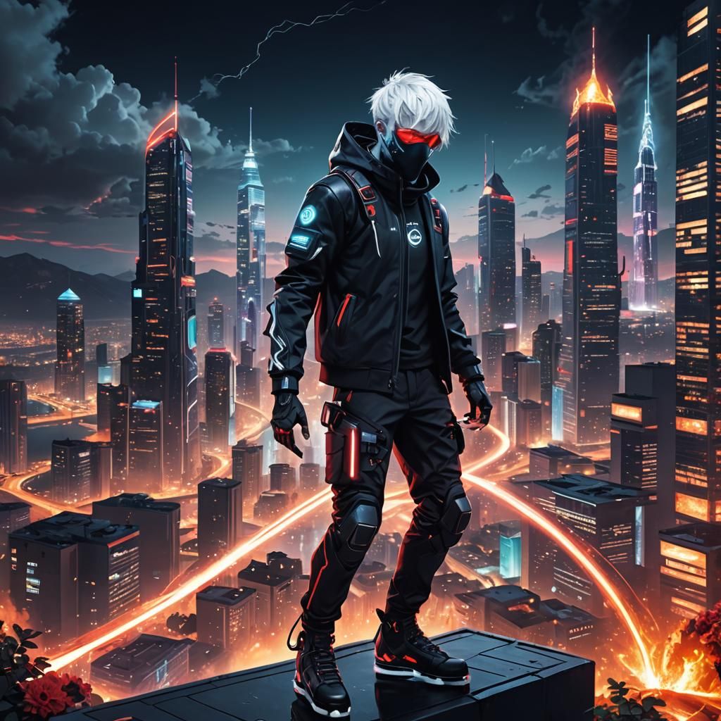 Dinamic Scene of Young Cyber Emo Guy with white hair, in dark hooded ...