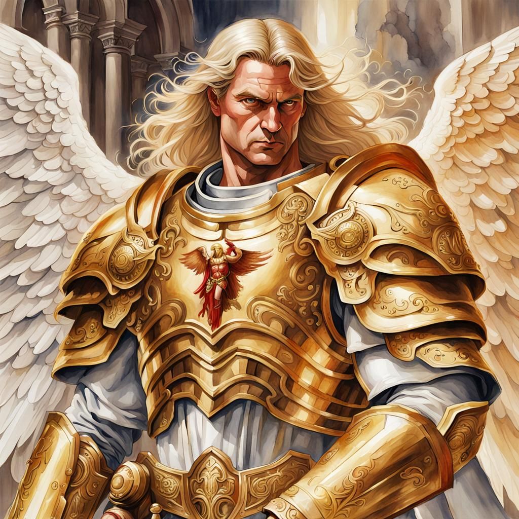 Watercolor painting of Sanguinius. White angel wings, long blonde hair ...