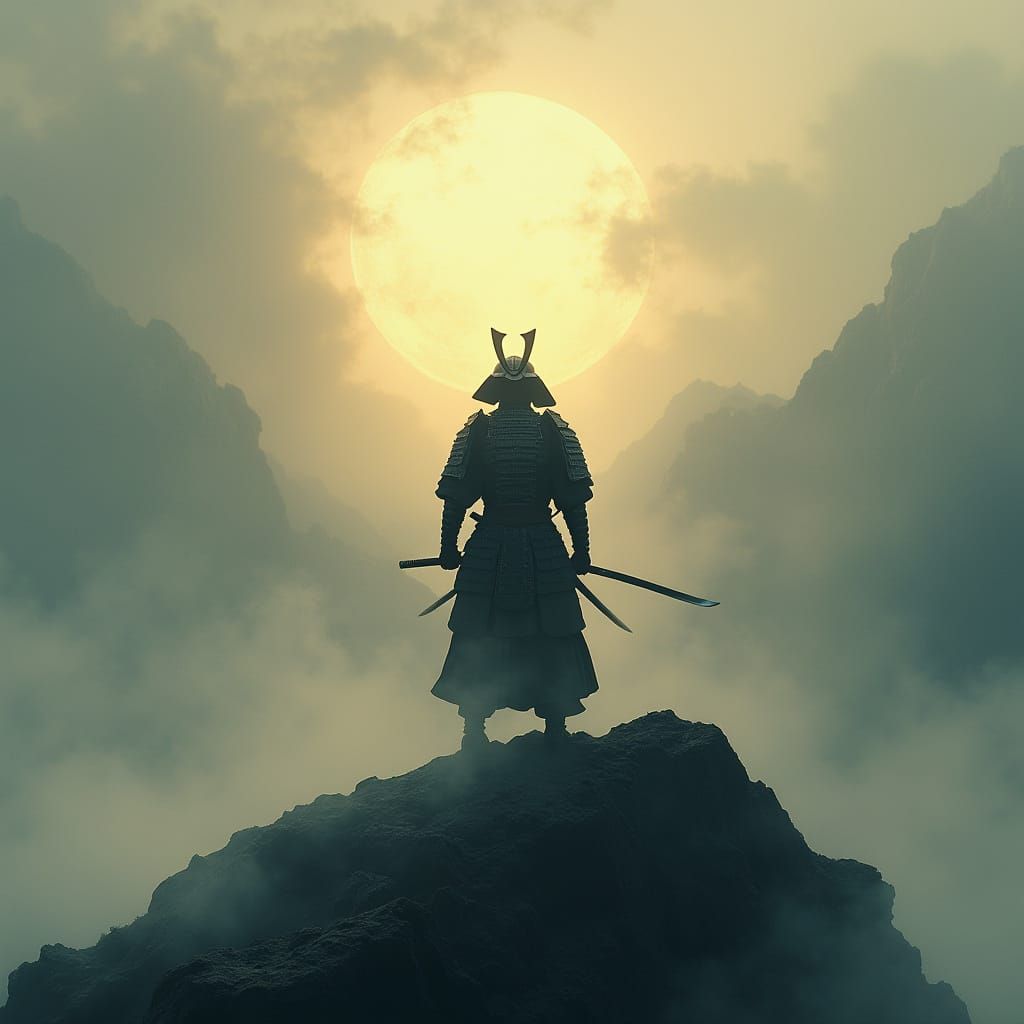 Ethereal Samurai Warrior in Defiant Stance on Mist... - AI Art