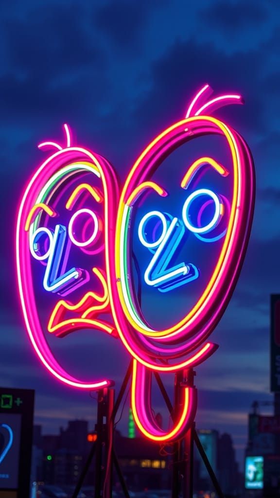 Two quirky faces abstract art made from twisted LED neon lights pop Art