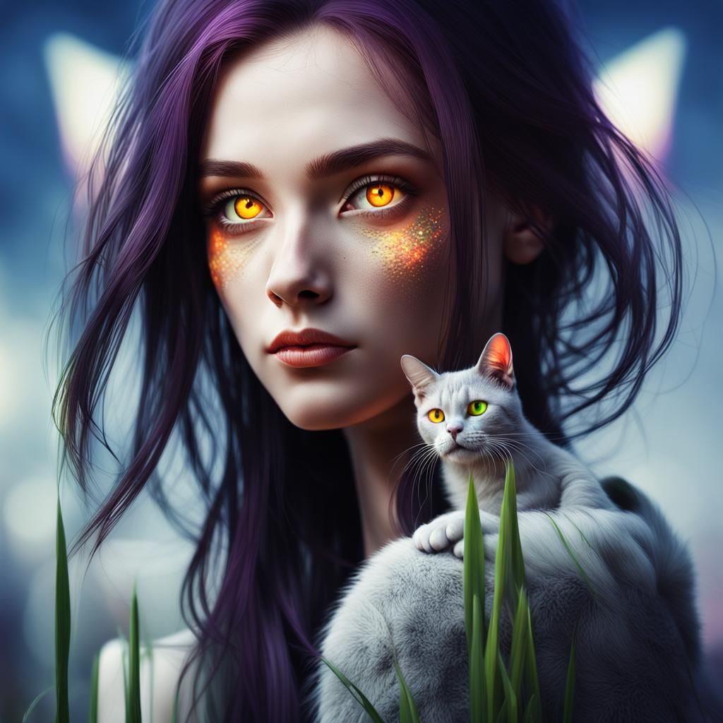 Beautiful face with glowing eyes instead of terrible cat hair,s HDR ...