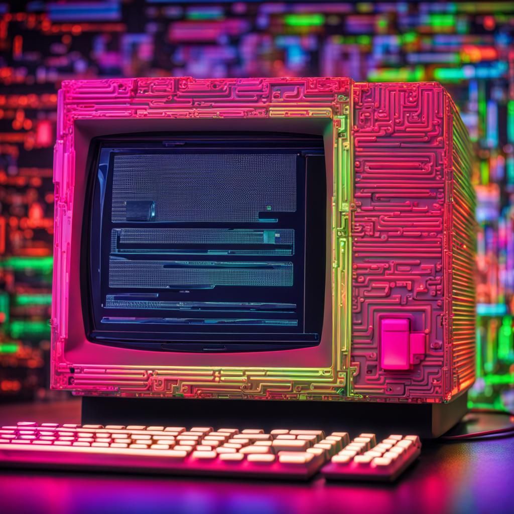 Apple Macintosh computer on a neon pixelated background, intricate ...