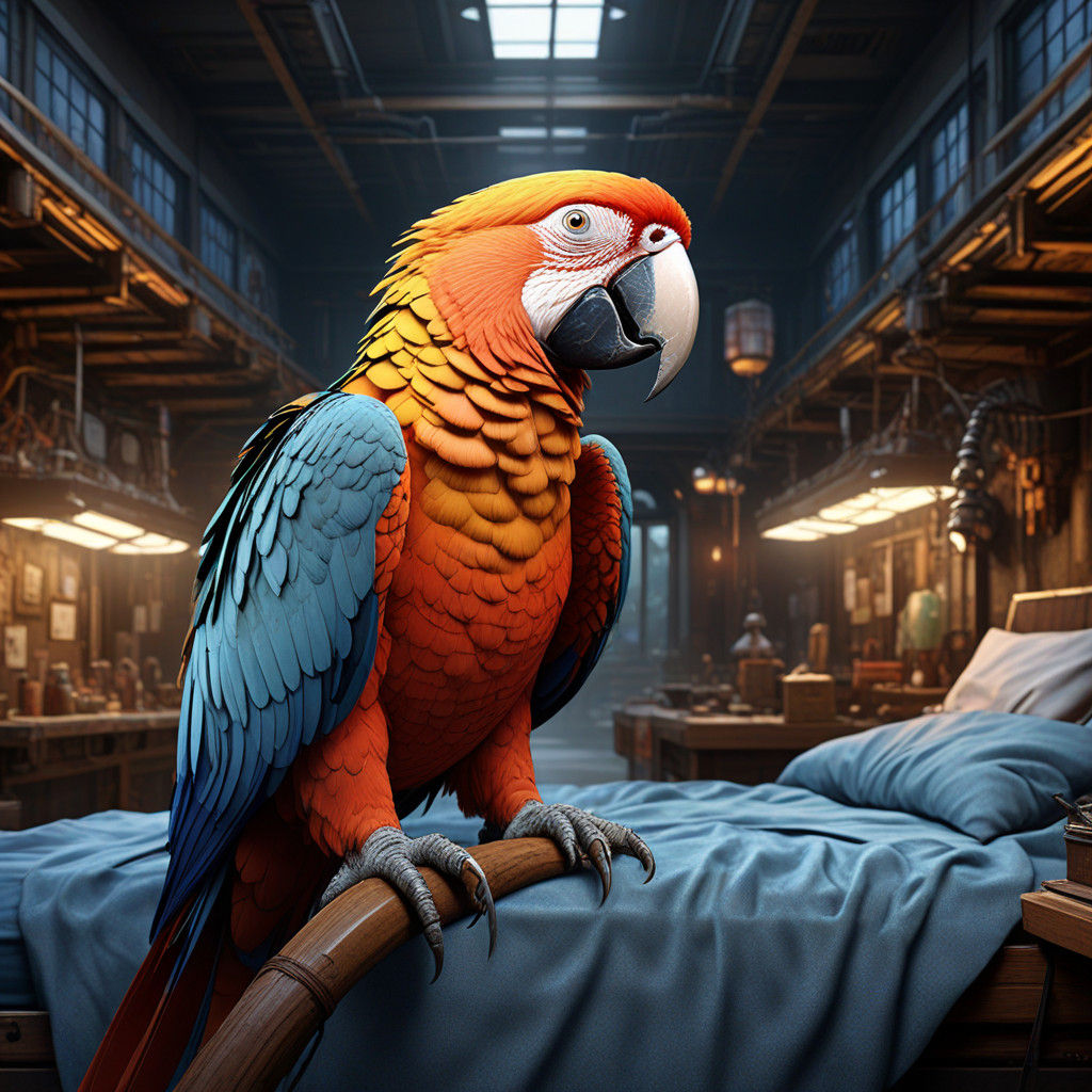 A large parrot sleeping in its huge laboratory