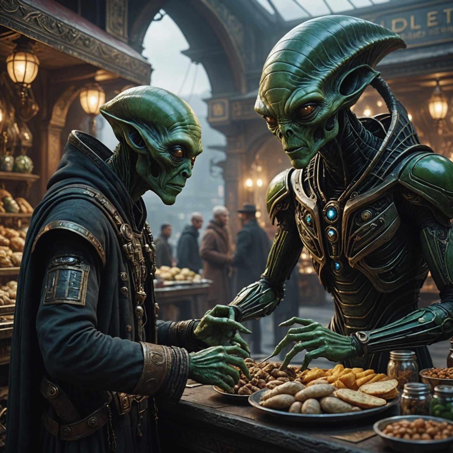 an alien merchant haggling with a customer, - AI Generated Artwork ...